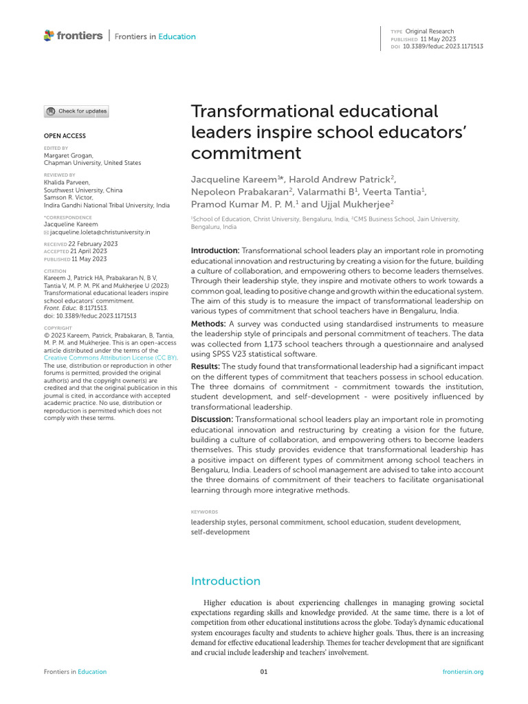 Transformational Educational Leaders Inspire School Educators' Commitment | PDF | Leadership ...