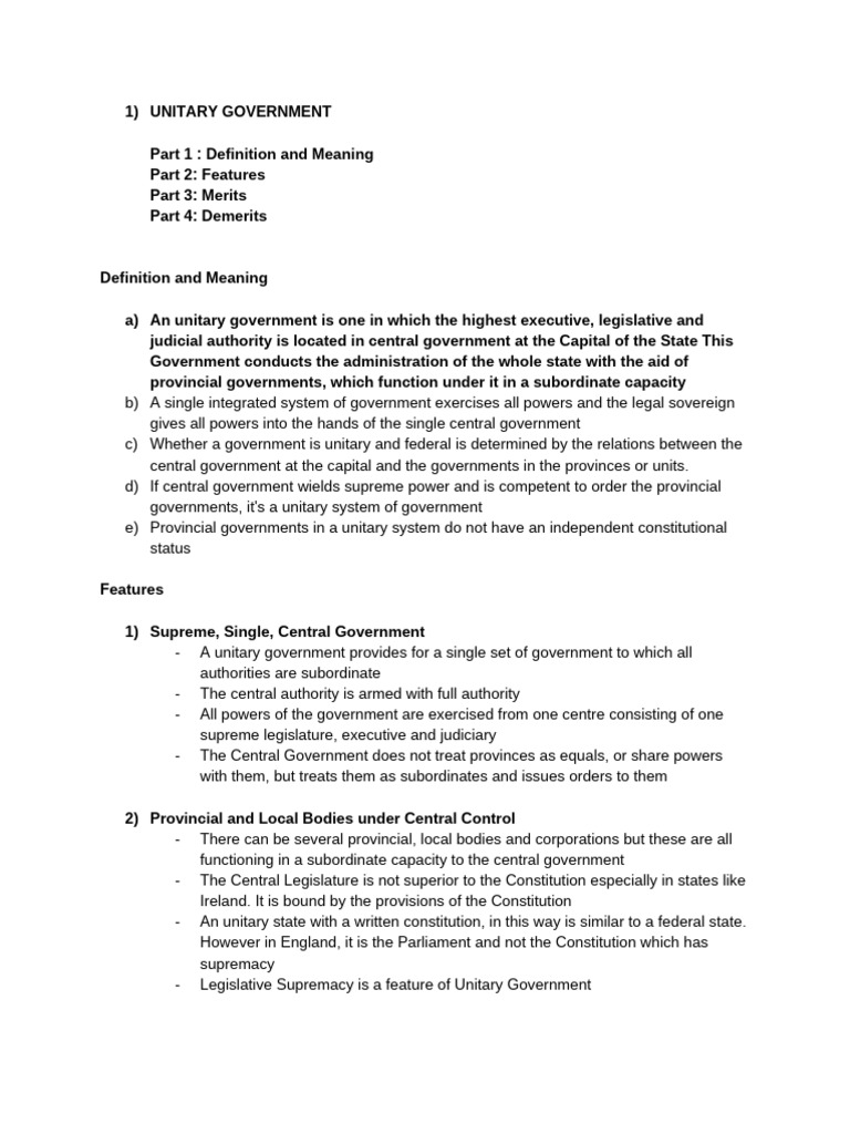 Understanding Unitary Government: Features & Merits | PDF | Federation ...