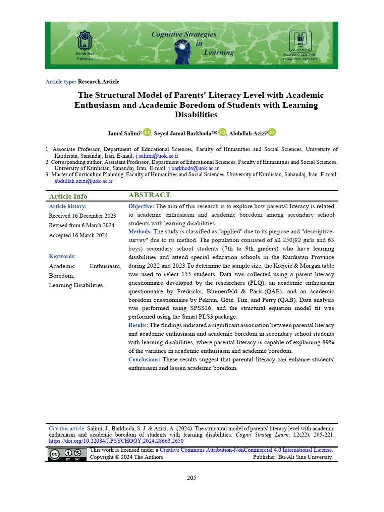 The Structural Model of Parents' Literacy Level With Academic ...
