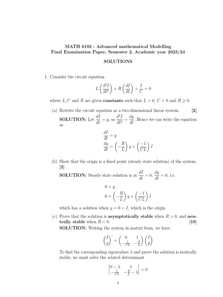 Solutions_Final Exam MATH6192_May2024 | PDF | Eigenvalues And Eigenvectors | Exponential Function
