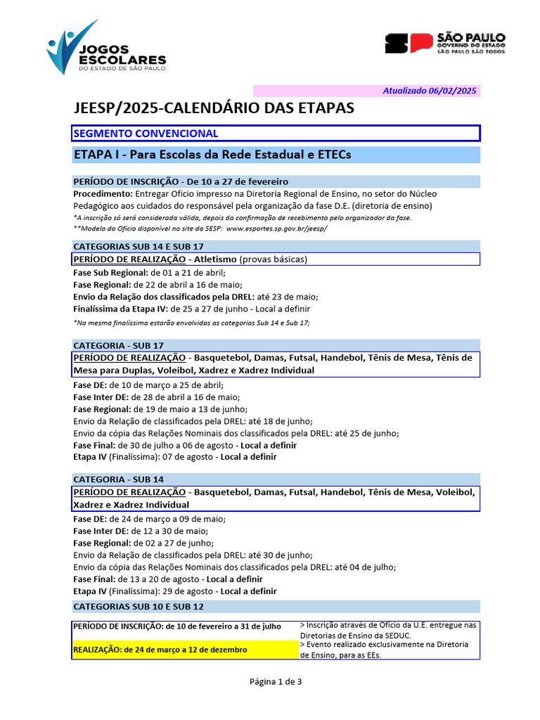 Calendário JEESP 2025 - Etapas e Inscrições | PDF | Jogos Paraolímpicos ...