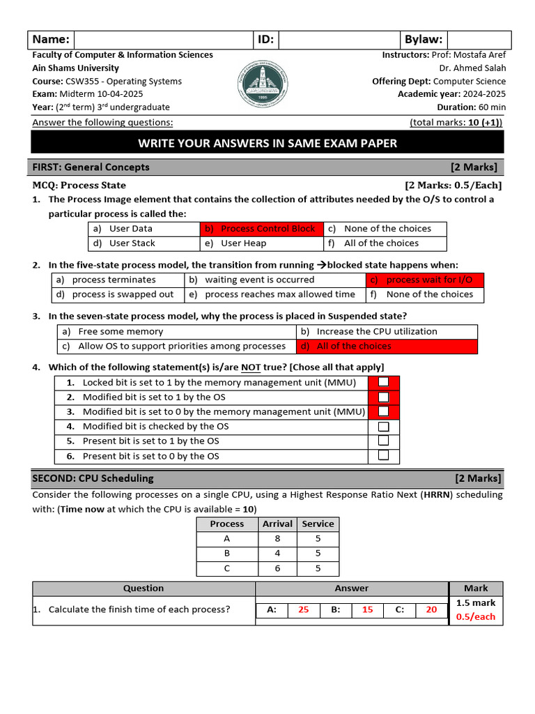 CSW355 Midterm Exam: Operating Systems | PDF | Cpu Cache | Computer Memory