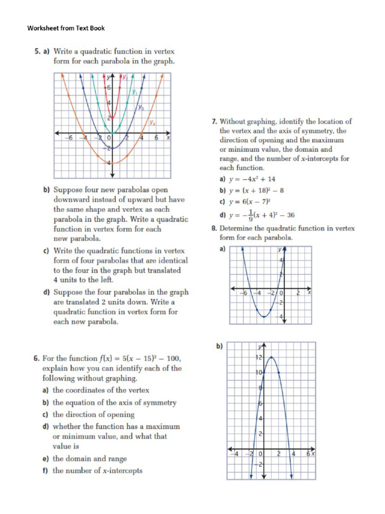 Textbook Worksheet Quadratics | PDF
