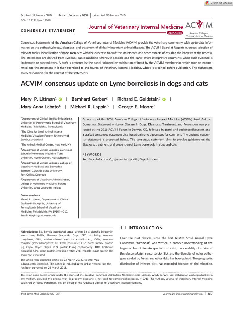 Veterinary Internal Medicne - 2018 - Littman - ACVIM Consensus Update On Lyme Borreliosis in ...