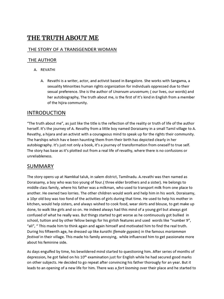 Truth About Me: A Hijra Life Story Notes | PDF | Transgender | LGBTQIA+ ...