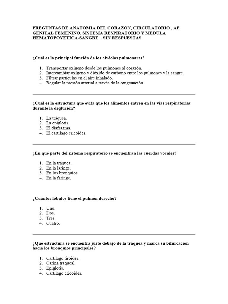 PREGUNTAS Corazon, Circulatorio, Respiratorio, Sangre | PDF | Corazón ...