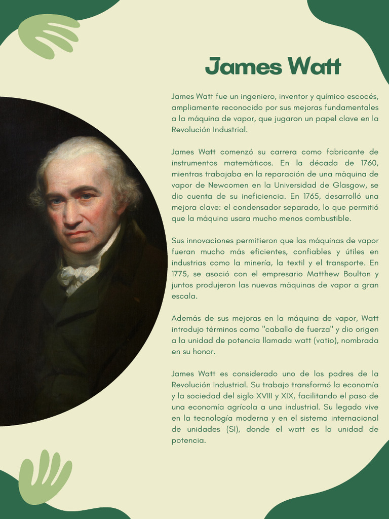 Biografía de James Watt y su legado | PDF