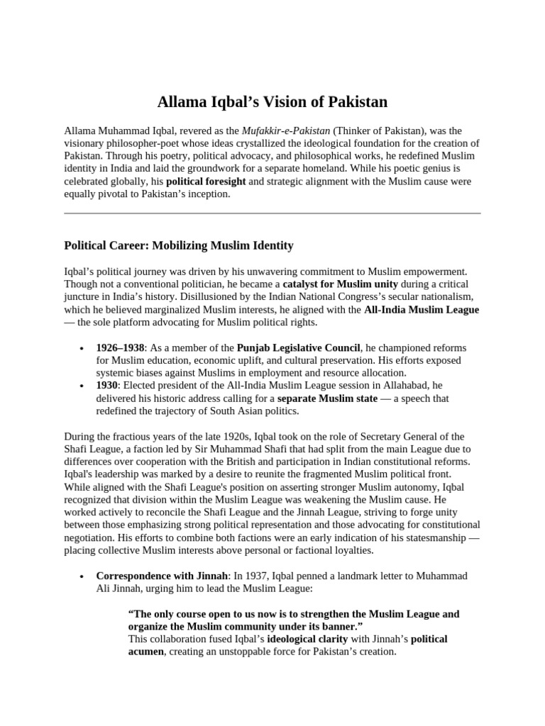 Allama Iqbal's Vision of Pakistan | PDF | All India Muslim League ...