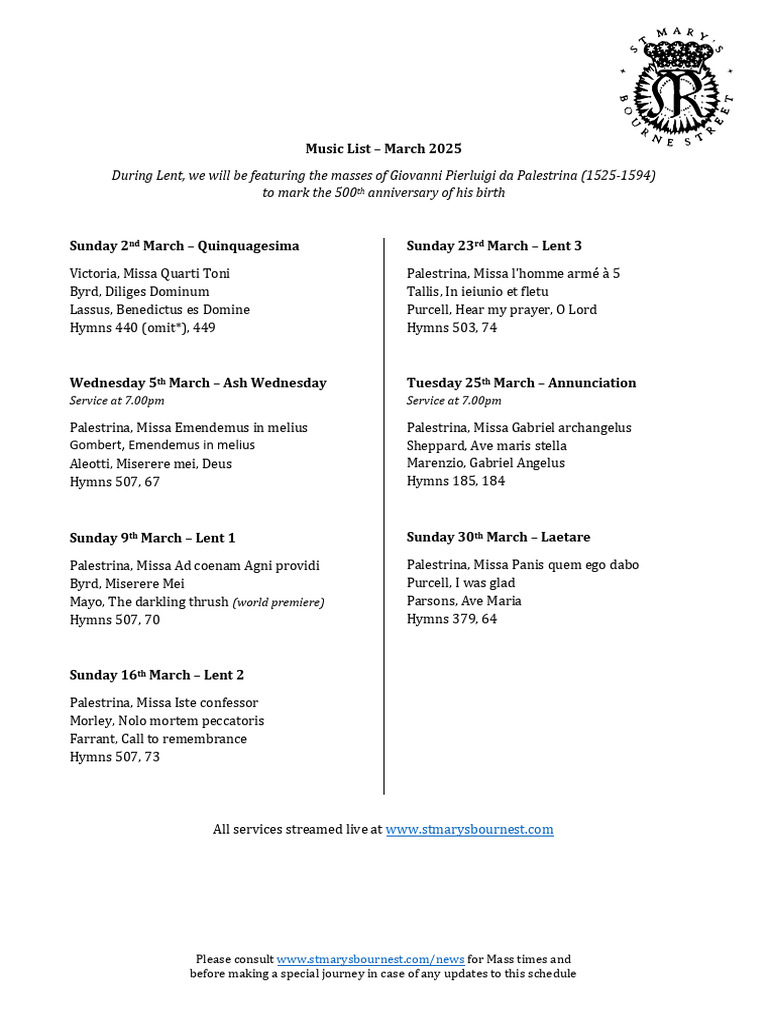 2025 03 ST Marys Bourne Street - Music List March 20252 | PDF