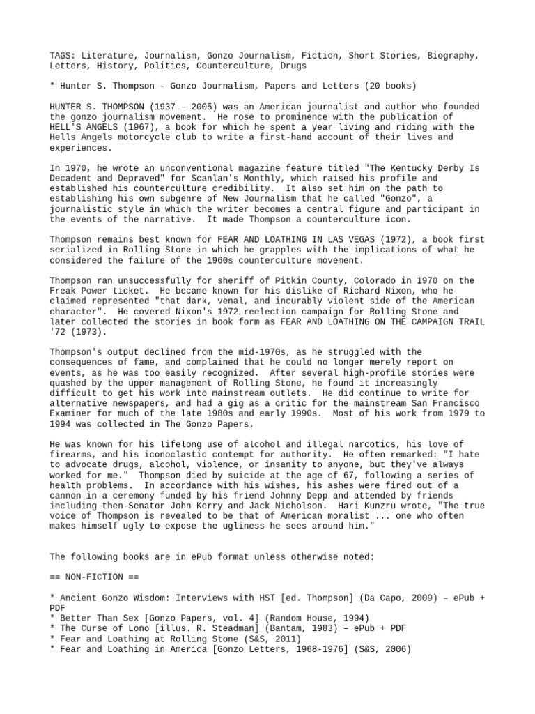 Hunter S. Thompson: Gonzo Journalism Overview | PDF