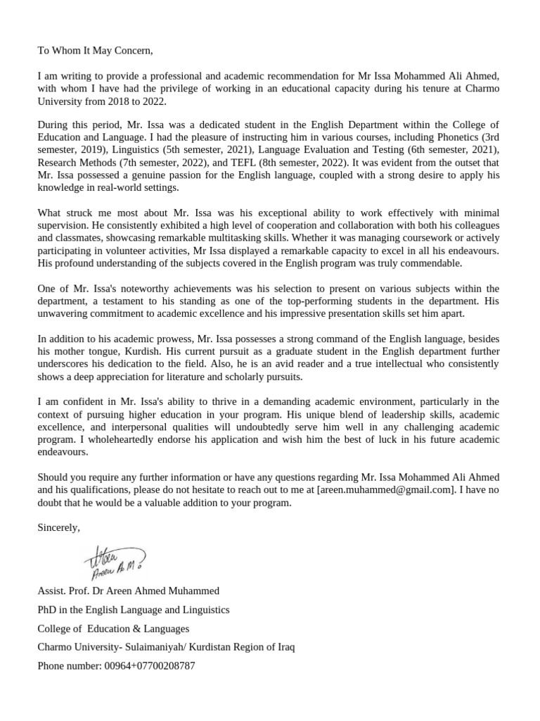 Recommendation Letter - Turkish Bursalary | PDF | Learning | Cognition