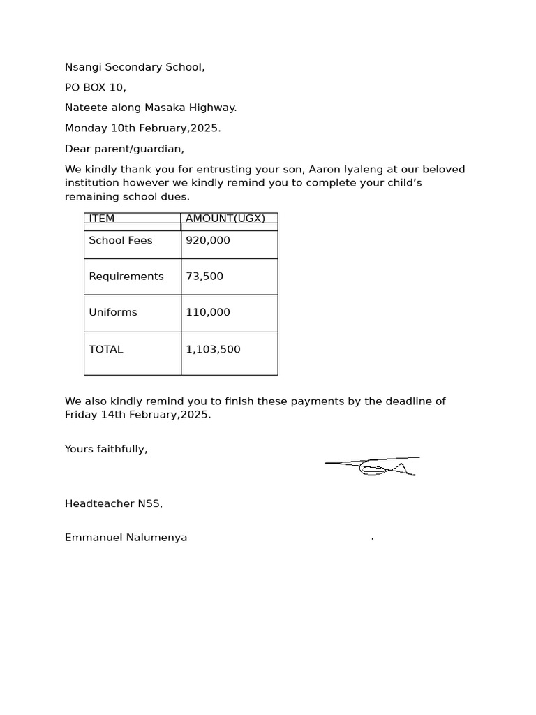 Nsangi Secondary School Fee Reminder | PDF