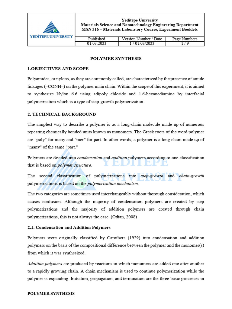 Experiment 4 - Polymer Synthesis | PDF | Polymerization | Polymers