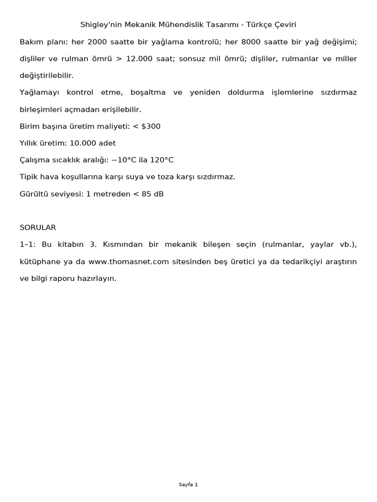Shigley Turkce Ceviri 2 Kisim Ornek | PDF
