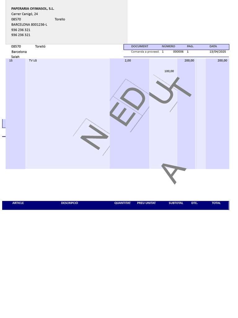 Comanda A Proveïdor Informe | PDF