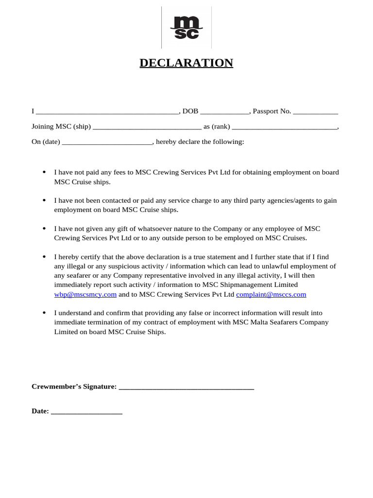 MSC Cruises Declaration Form India | PDF