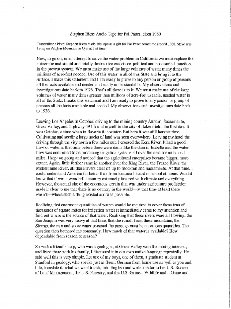 Stephan Riess Audio Tape For Pal Pauer - Circa 1980 | PDF