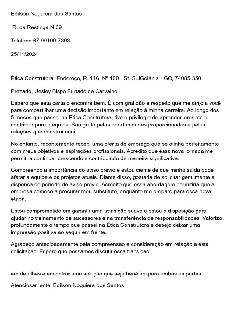 Modelo De Carta De Novo Emprego Para Dispensa Do Aviso Previo No Pedido