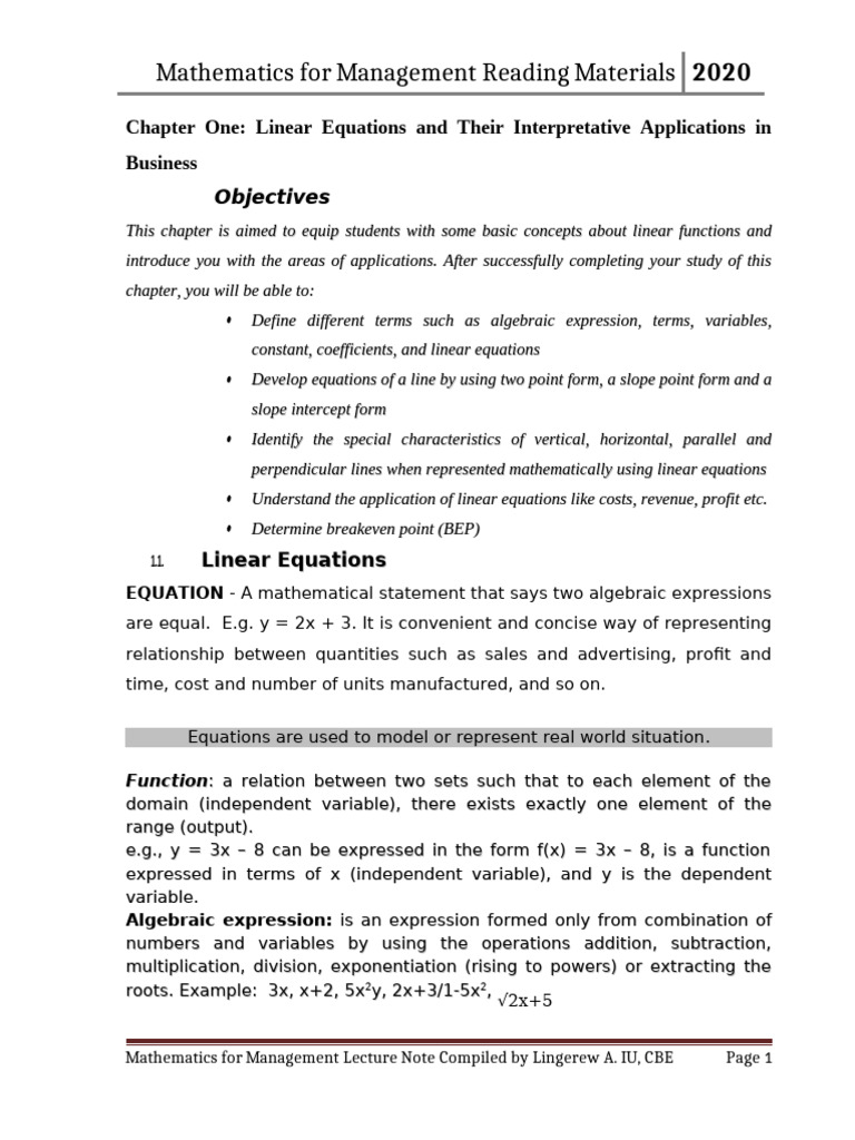 Mathematics For Management Reading Materials | PDF | Matrix ...