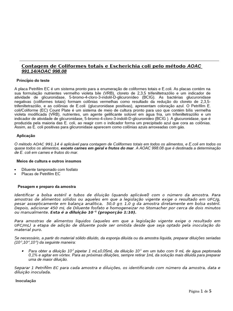 Análise de Coliformes Totais e E. Coli | PDF | Escherichia Coli | Vermelho