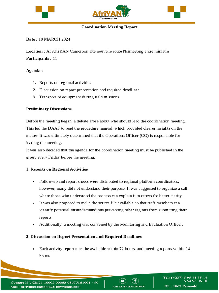 Coordination Meeting Report 18 MARS 2025 | PDF