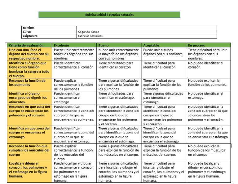 Rubrica Evaluacion Unidad 1 Ciencias Segundo | PDF