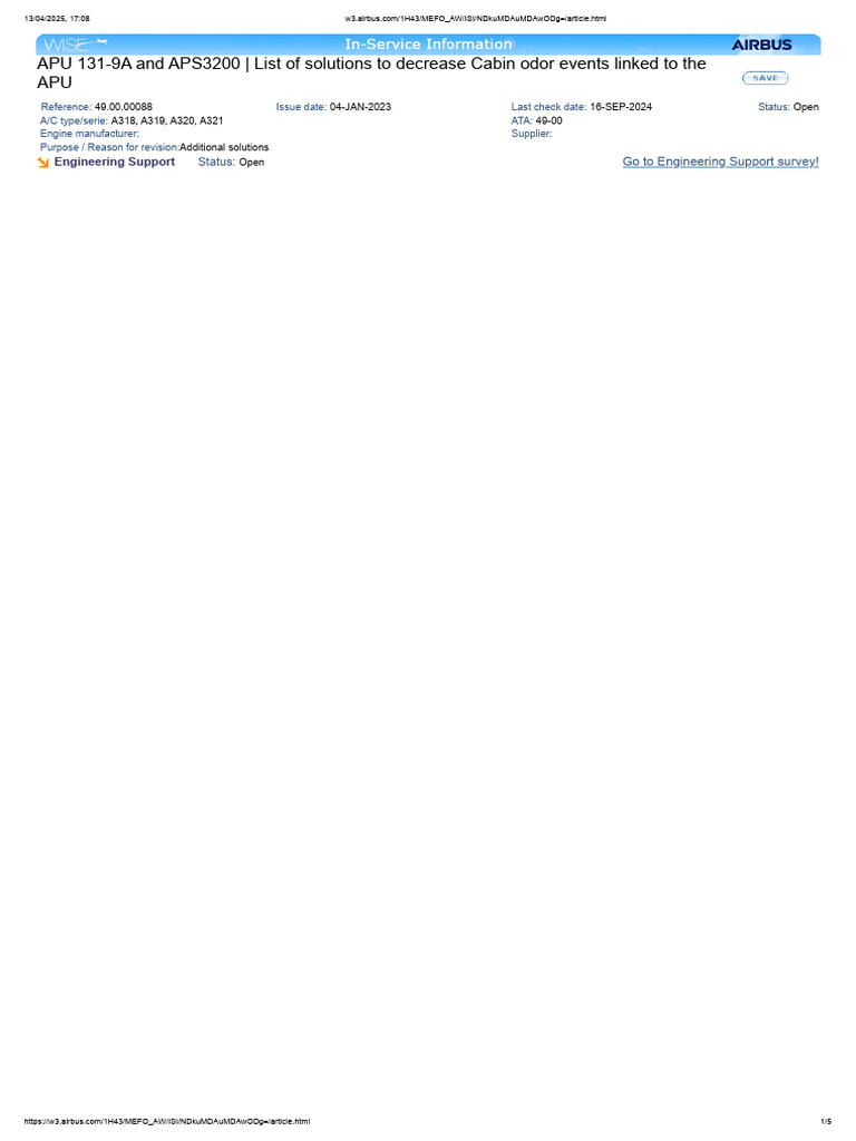 APU 131-9A and APS3200 List of Solutions To Decrease Cabin Odor Events ...