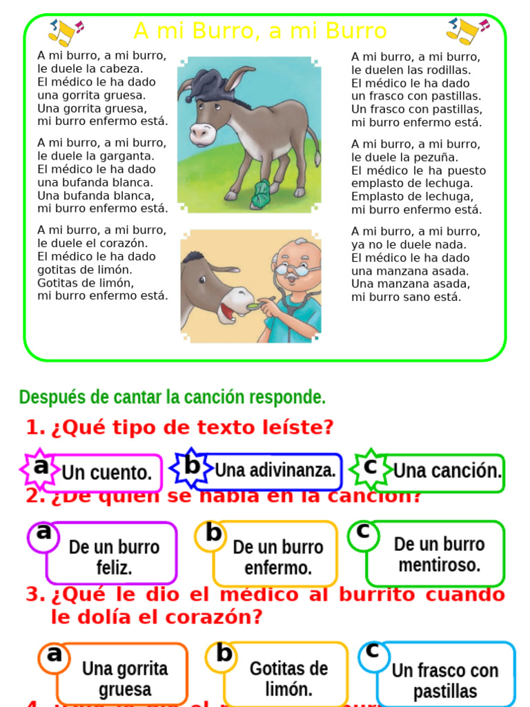 SESION 3 COM FICHA Leemos una canción a Mi burro | PDF