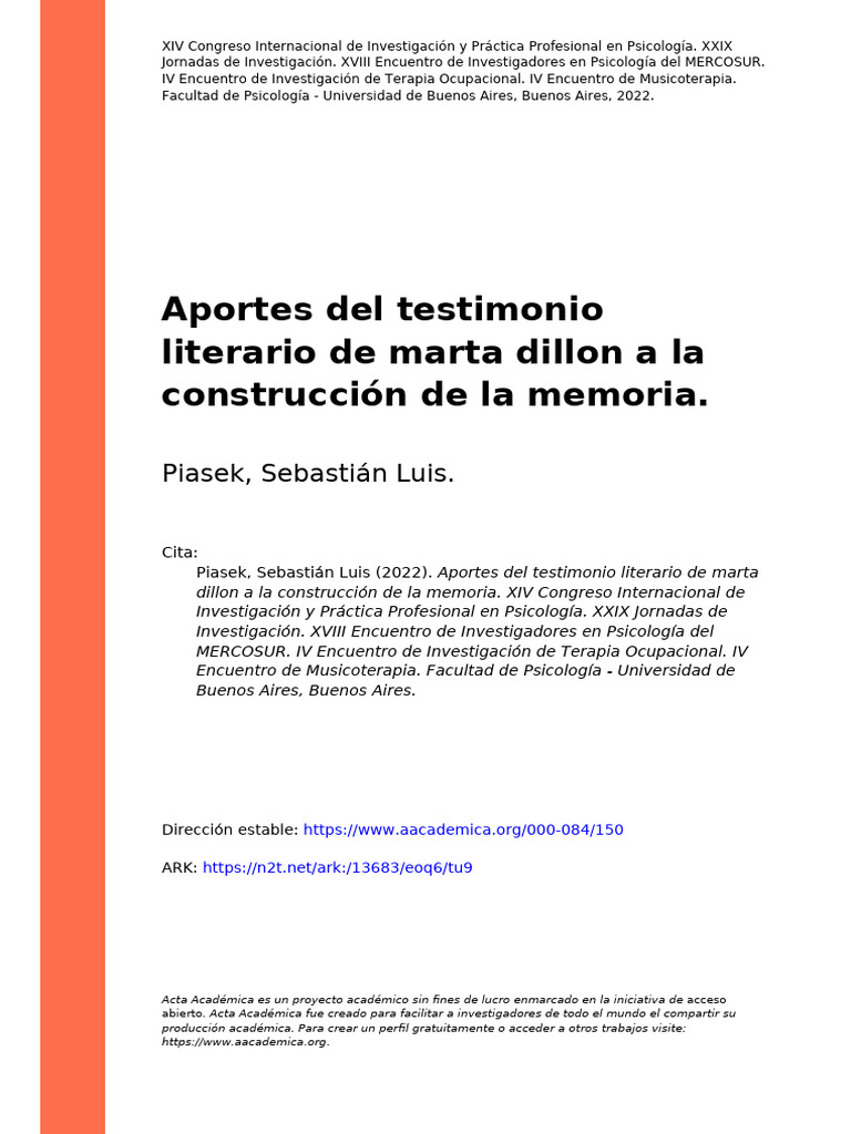 Piasek, Sebastián Luis (2022) - Aportes Del Testimonio Literario de ...