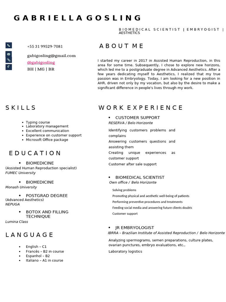 Embryologist Resume of Gabriella Gosling | PDF | Reproduction