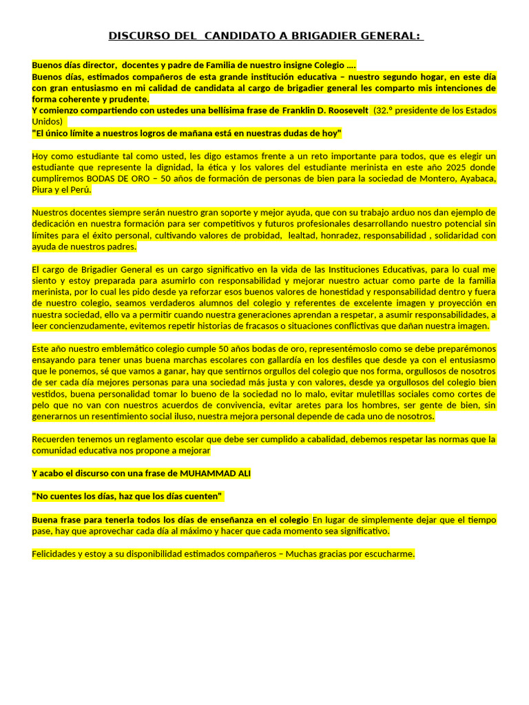 Discurso Candidatura Brigadier General 2025 | PDF