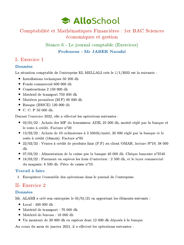 Seance 6 Le Journal Comptable Exercices | PDF