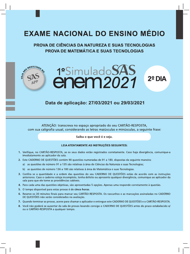Simulado SAS ENEM: 2º Día CN e MT | PDF