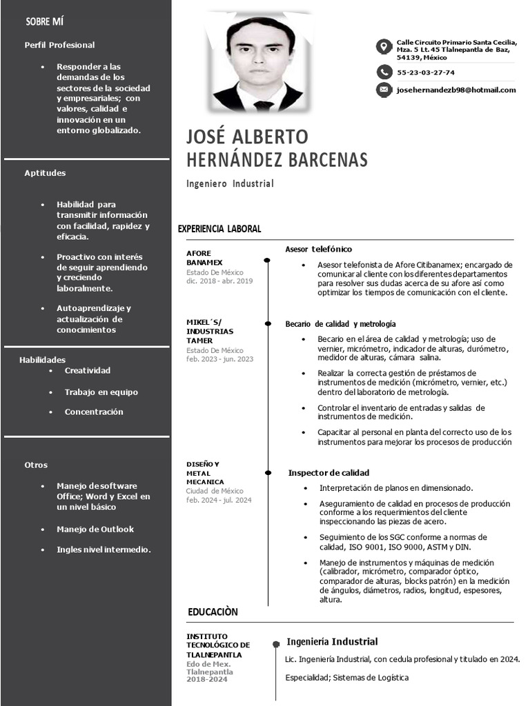 07102024 Curriculum Vitae Jose Alberto Hernandez Barcenas | PDF | Metrología | Ingeniería Industrial