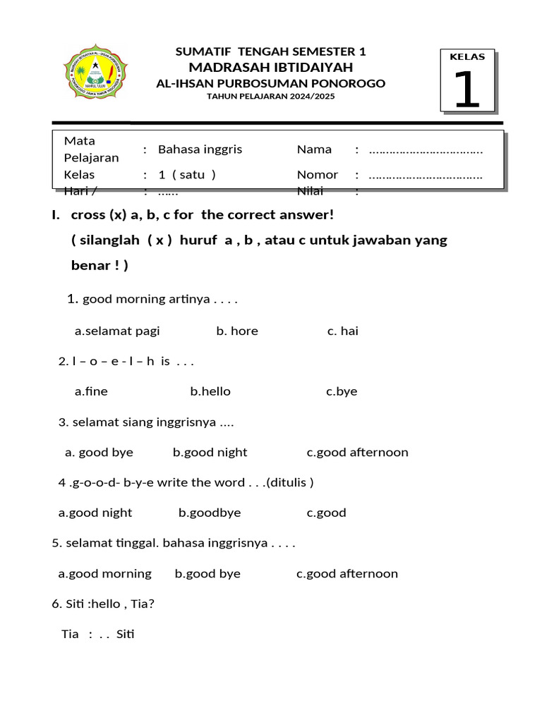 Soal Sts 1 Bhs Inggris Kls 1 2024 | PDF