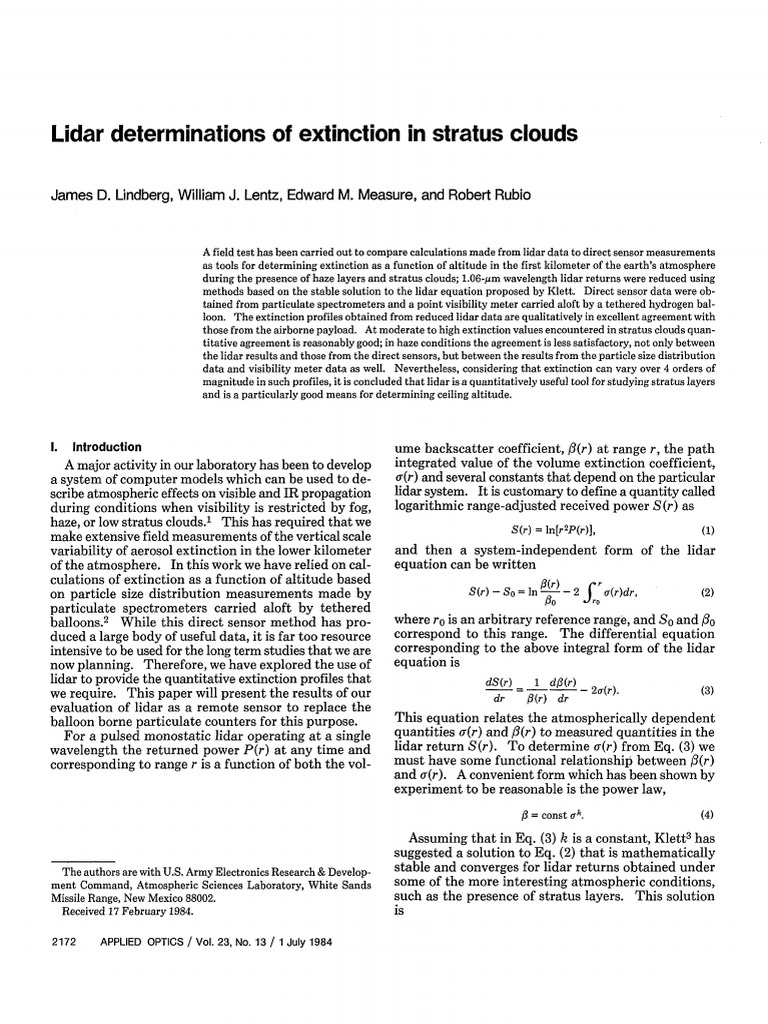 Lidar Determinations of Extinction in Stratus Clouds | PDF | Lidar | Cloud