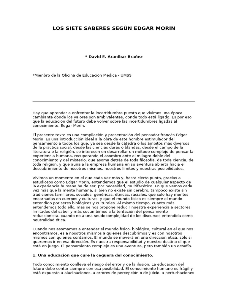 Los Siete Saberes Según Edgar Morin | PDF | Conocimiento | Aprendizaje