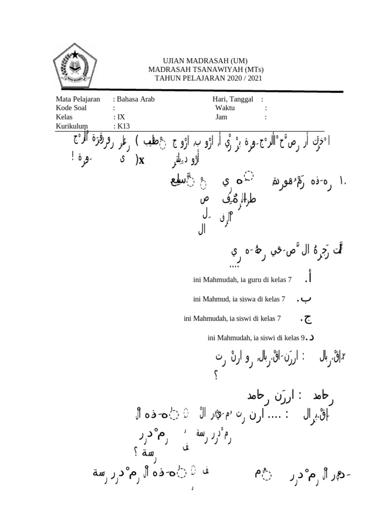 SOAL BHS ARAB - UM MTs | PDF