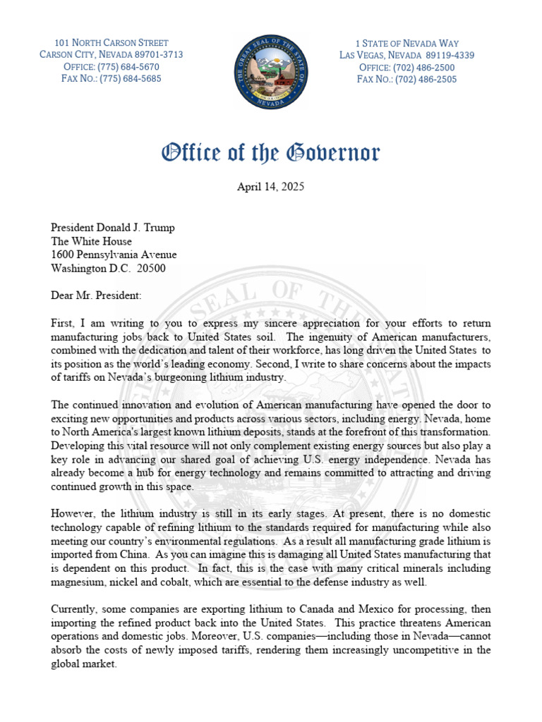 Governor Lombardo Letter On Energy - 4.14.25 | PDF | Nevada | The ...