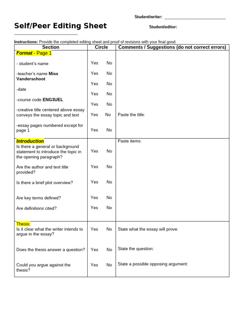 Peer Editing Sheet | PDF | Essays | Paragraph