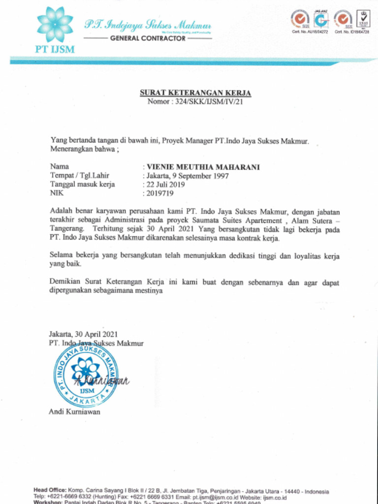 Contoh Surat Paklaring Selesai Kerja | PDF