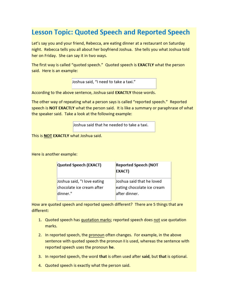 Quoted Speech and Reported Speech | PDF | Verb | Linguistics