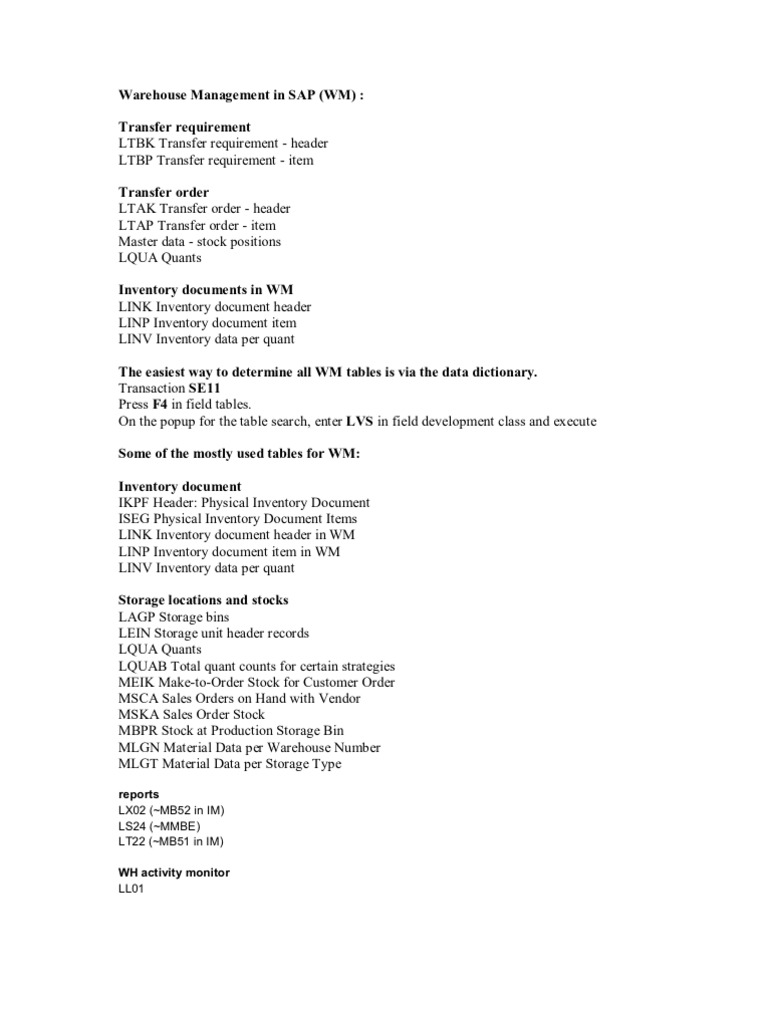 SAP WM T Codes Tables | PDF