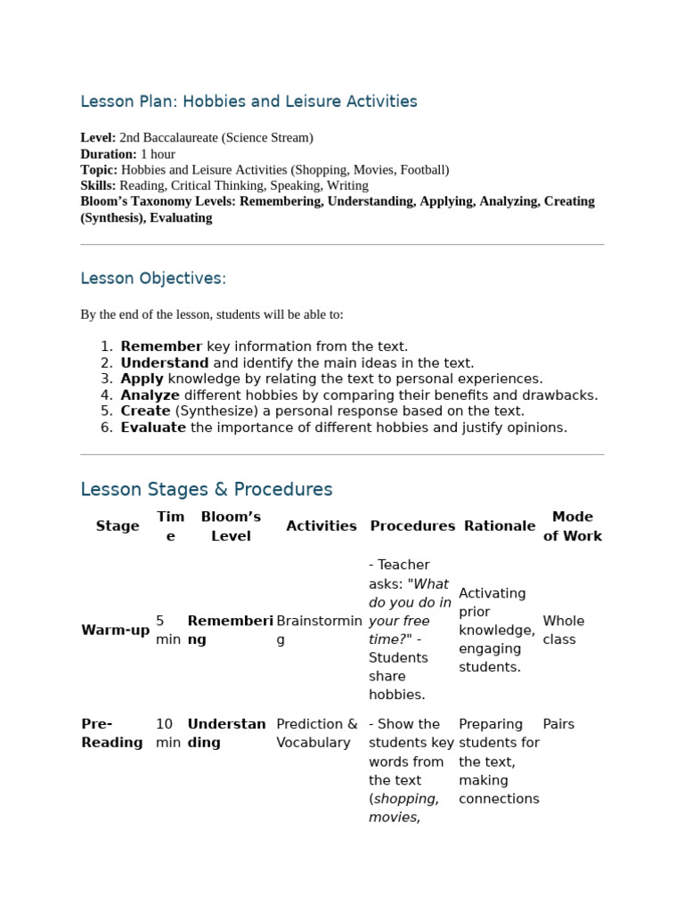 Lesson Plan Critical Thinking | PDF | Critical Thinking | Hobbies