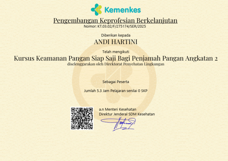 Sertifikat Kursus Keamanan Pangan Siap Saji Bagi Penjamah Pangan Angkatan 2 | PDF