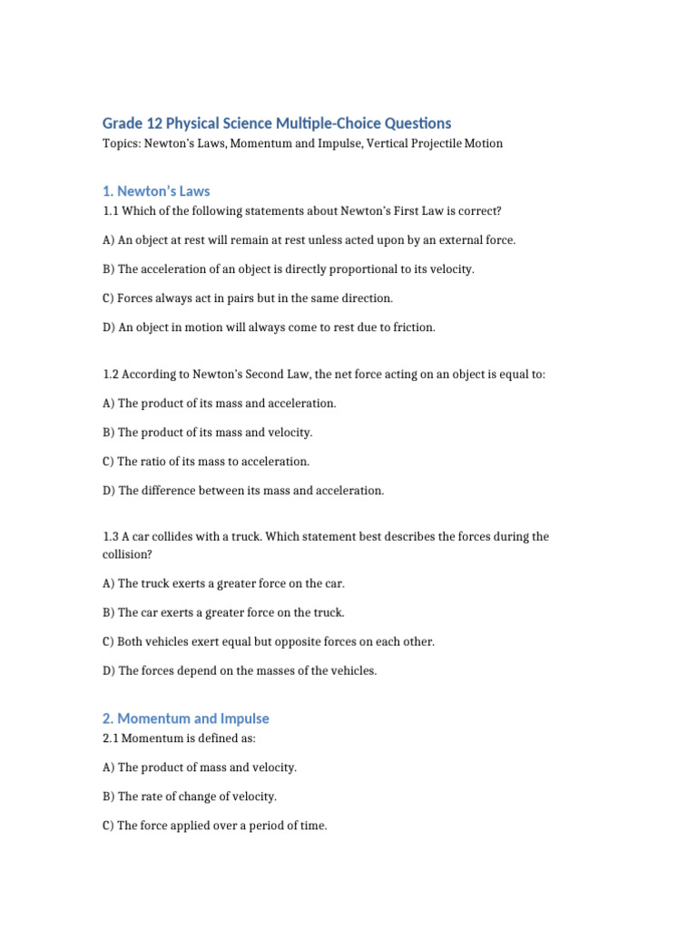 Grade 12 Physical Science MCQs on Forces | PDF | Force | Momentum