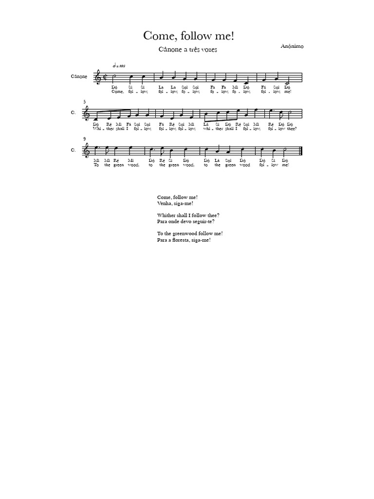 Cânone "Come, Follow Me" em Três Vozes | PDF