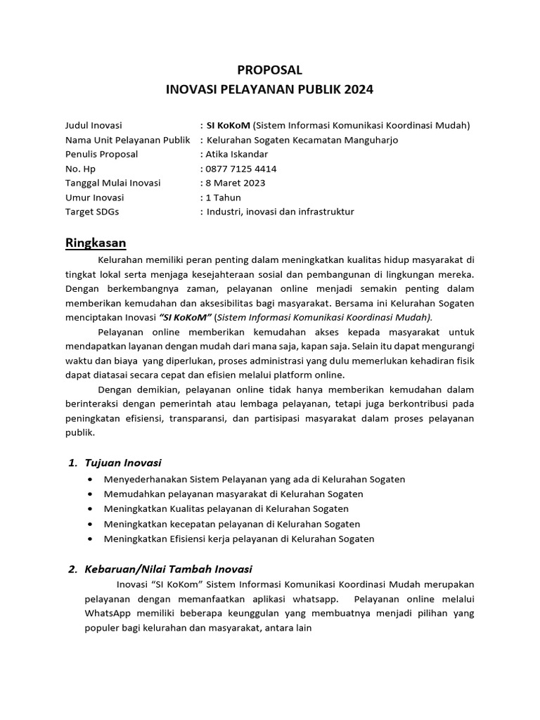 Sogaten - Proposal Inovasi Pelayanan Tahun 2024 | PDF