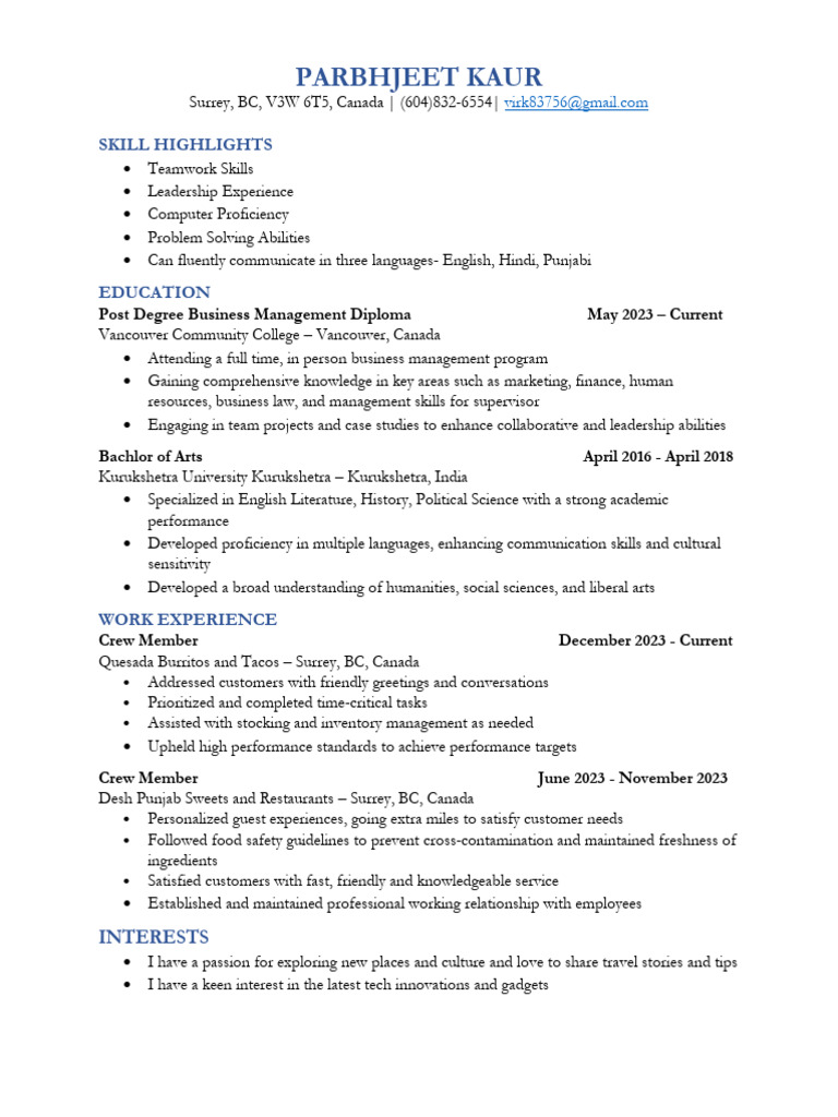 Business Management Student Resume | PDF