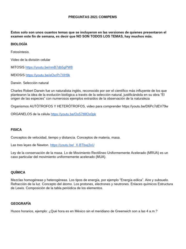 Temas Clave para Examen COMIPEMS 2021 | PDF | México